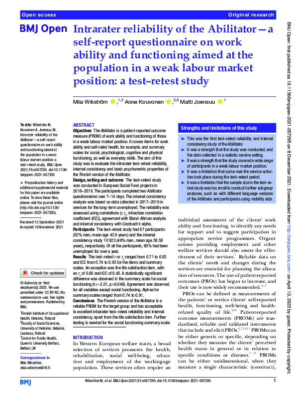 (PDF) Intrarater reliability of the Abilitator—a self-report questionnaire on work ability and ...