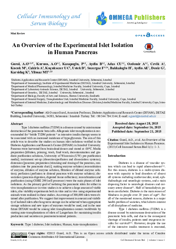 (PDF) An Overview of the Experimental Islet Isolation In Human Pancreas