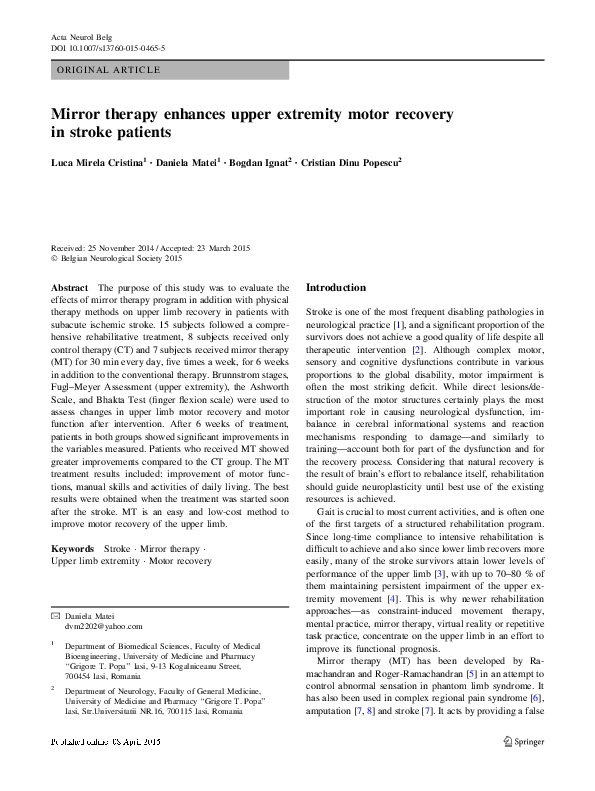 (PDF) Mirror therapy enhances upper extremity motor recovery in stroke ...