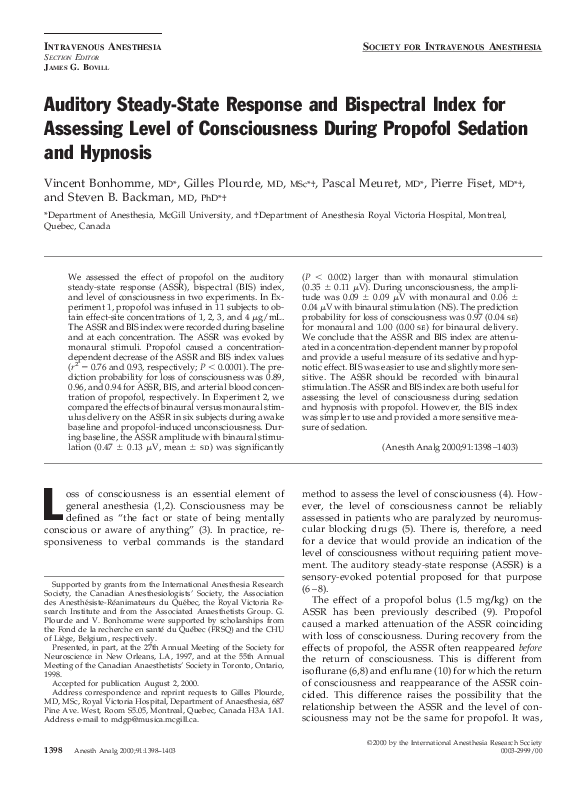(PDF) Auditory Steady-State Response and Bispectral Index for Assessing Level of Consciousness ...