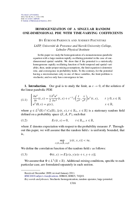 (PDF) Homogenization of a singular random one-dimensional PDE with time-varying coefficients