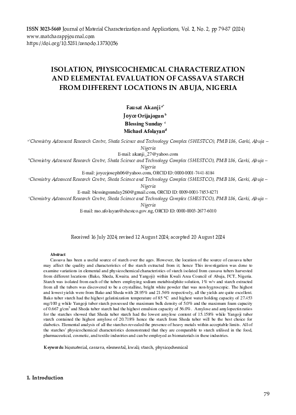 (PDF) ISOLATION, PHYSICOCHEMICAL CHARACTERIZATION AND ELEMENTAL EVALUATION OF CASSAVA STARCH ...