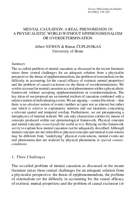 (PDF) Mental Causation: A Real Phenomenon in a Physicalistic World ...