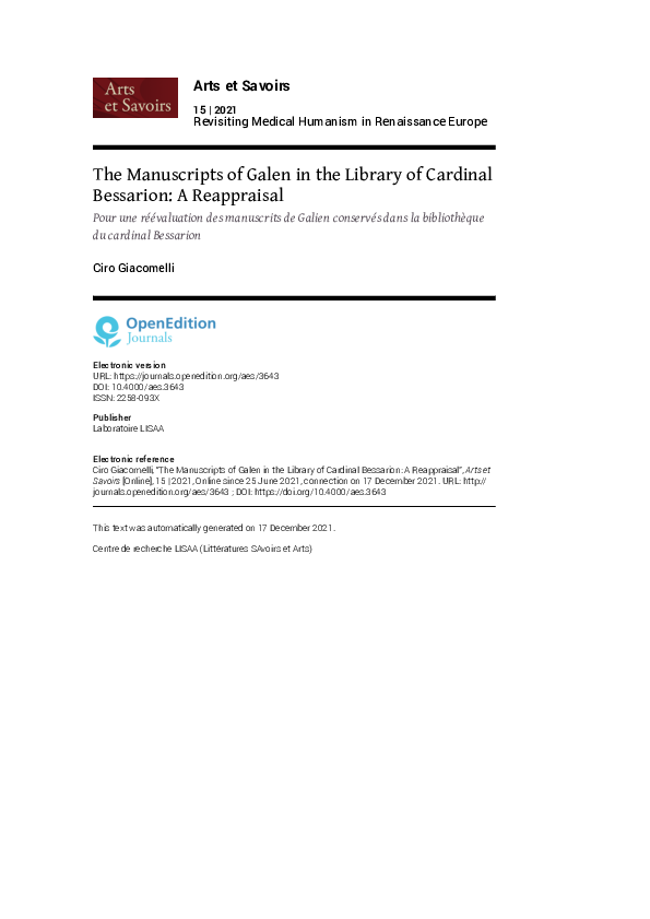 (PDF) The Manuscripts of Galen in the Library of Cardinal Bessarion: A ...