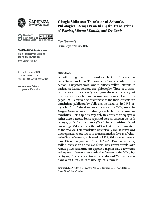 (PDF) Giorgio Valla as a Translator of Aristotle. Philological Remarks ...