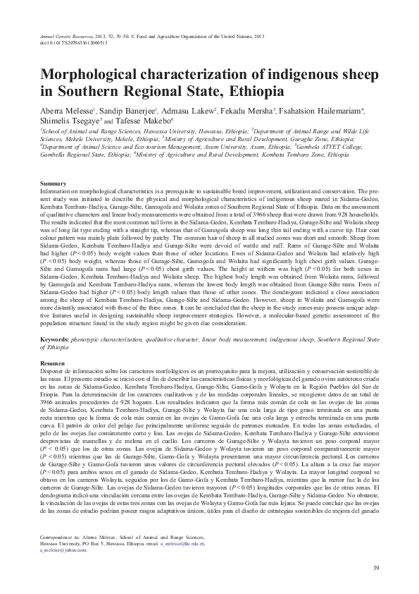 (PDF) Morphological characterization of indigenous sheep in Southern Regional State, Ethiopia