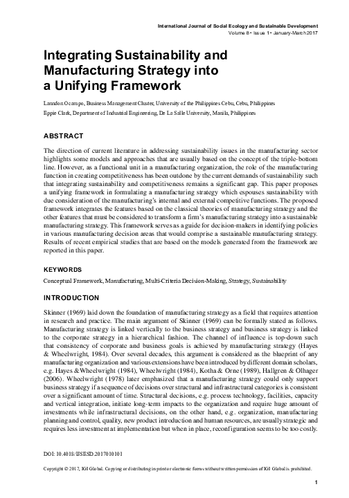 (PDF) Integrating Sustainability and Manufacturing Strategy into a Unifying Framework