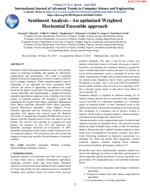 (PDF) Sentiment Analysis - An optimized Weighted Horizontal Ensemble approach