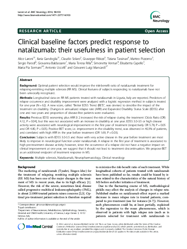 (PDF) Clinical baseline factors predict response to natalizumab: their ...