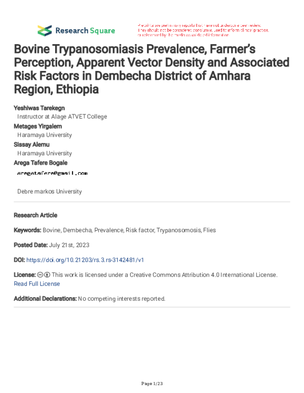 (PDF) Bovine Trypanosomiasis Prevalence, Farmer’s Perception, Apparent ...
