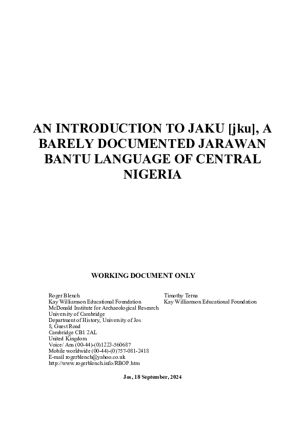 (PDF) AN INTRODUCTION TO JAKU [jku], A BARELY DOCUMENTED JARAWAN BANTU LANGUAGE OF CENTRAL NIGERIA