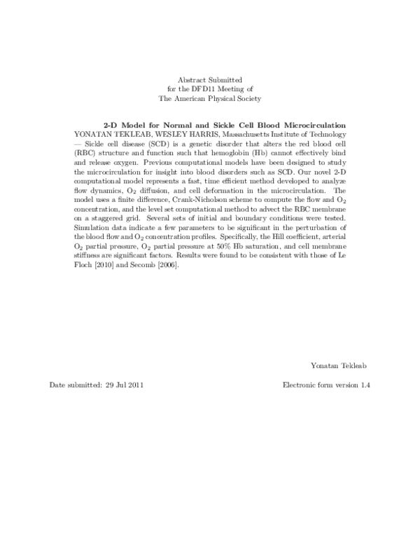 (PDF) 2-D Model for Normal and Sickle Cell Blood Microcirculation
