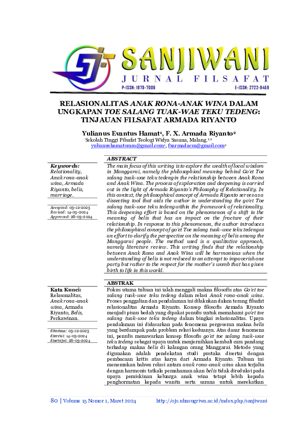 (PDF) Relasionalitas Anak Rona-Anak Wina Dalam Ungkapan Toe Salang Tuak-Wae Teku Tedeng ...