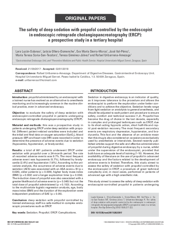 (PDF) The safety of deep sedation with propofol controlled by the ...