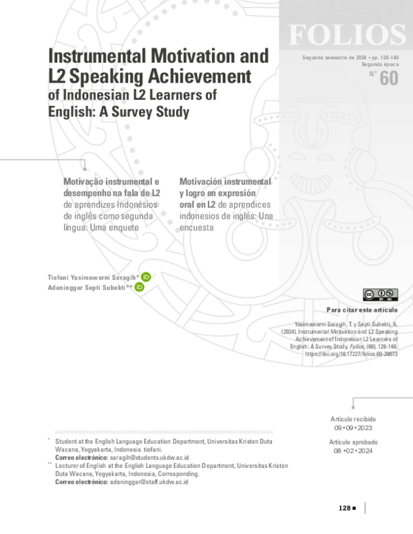 (PDF) Instrumental Motivation and L2 Speaking Achievement of Indonesian L2 Learners of English ...