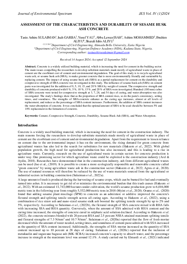 (PDF) ASSESSMENT OF THE CHARACTERISTICS AND DURABILITY OF SESAME HUSK ...
