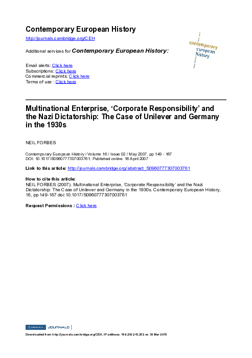 (PDF) Multinational Enterprise, ‘Corporate Responsibility’ and the Nazi ...