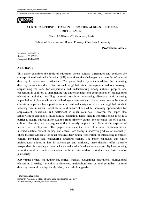 (PDF) A Critical Perspective on Education Across Cultural Differences