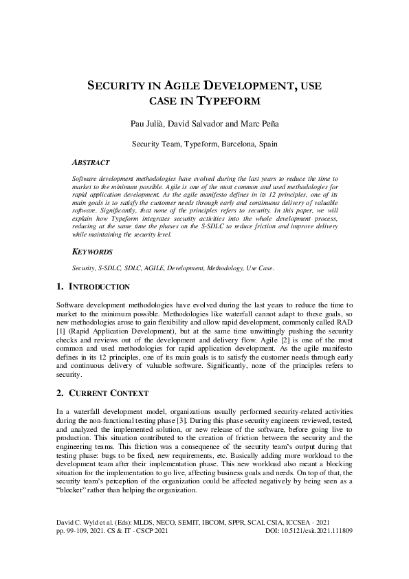 (PDF) Security in Agile Development, use Case in Typeform