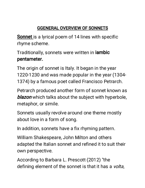 (PDF) GENERAL OVERVIEW OF SONNETS