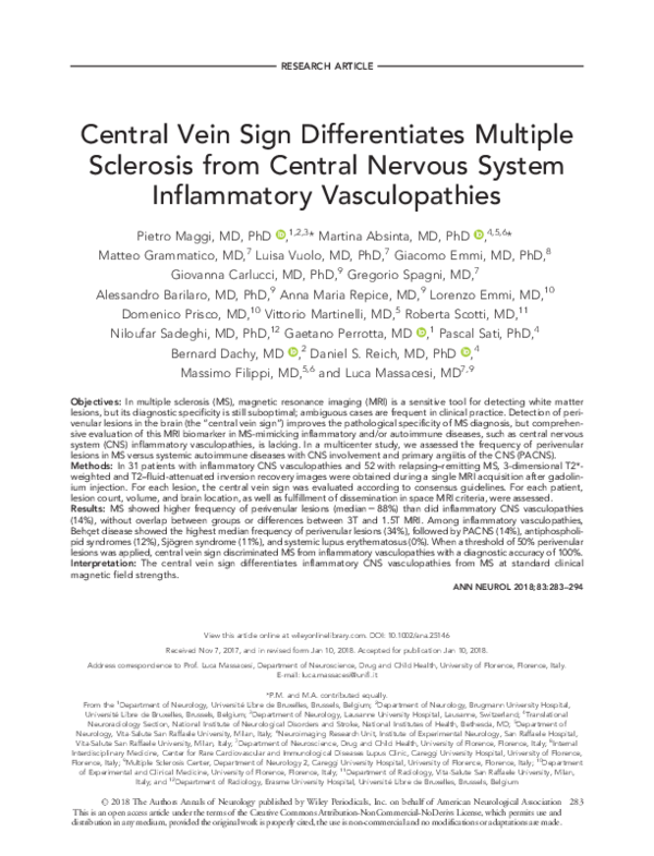 (PDF) Central vein sign differentiates Multiple Sclerosis from central ...