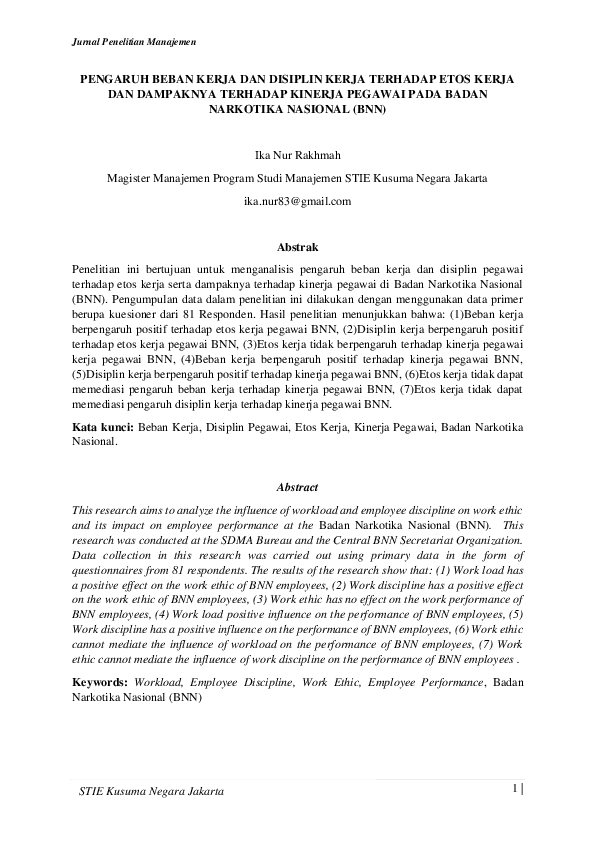 (PDF) PENGARUH BEBAN KERJA DAN DISIPLIN KERJA TERHADAP ETOS KERJA DAN DAMPAKNYA TERHADAP KINERJA ...