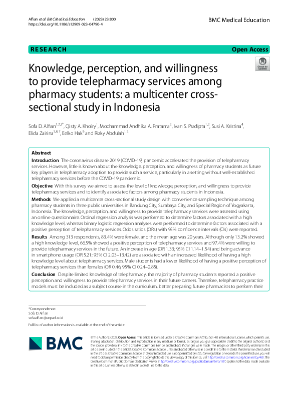 (PDF) Knowledge, perception, and willingness to provide telepharmacy services among pharmacy ...