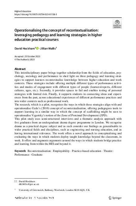 (PDF) Operationalising the concept of recontextualisation: leveraging pedagogy and learning ...