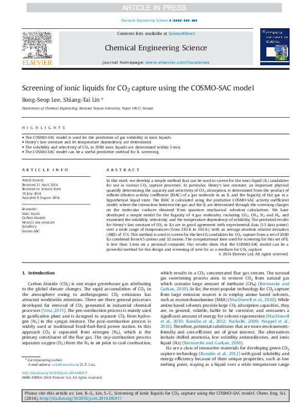 (PDF) Screening of ionic liquids for CO2 capture using the COSMO-SAC model