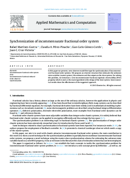 Pdf Synchronization Of Incommensurate Fractional Order System