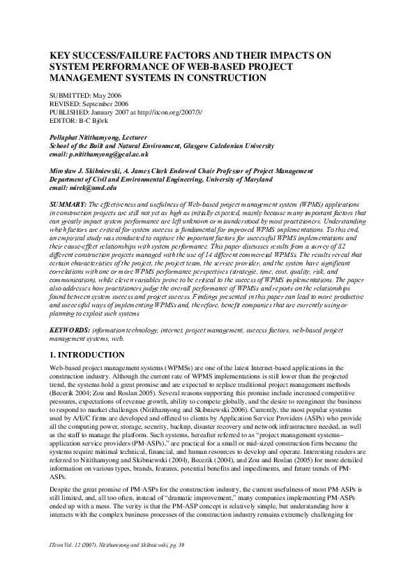 (PDF) Key success/failure factors and their impacts on system performance of web-based project ...
