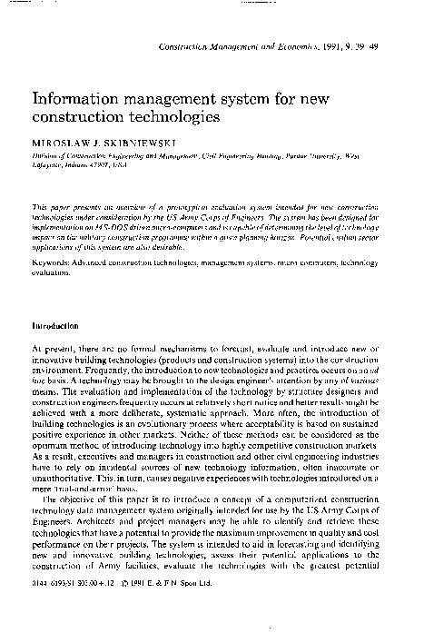 (PDF) Information management system for new construction technologies