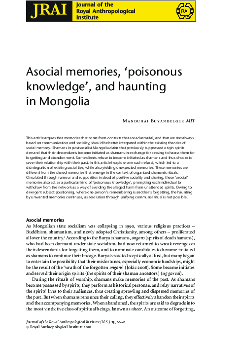 (PDF) Asocial memories, ‘poisonous knowledge’, and haunting in Mongolia