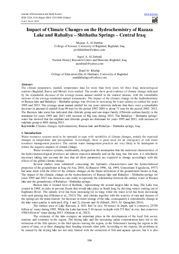 (PDF) Impact of Climate Changes on the Hydrochemistry of Razaza Lake ...