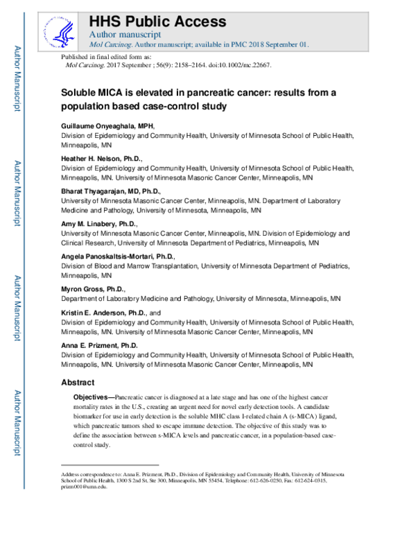 (PDF) Soluble MICA is elevated in pancreatic cancer: results from a ...