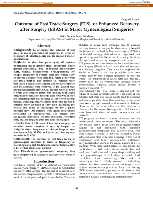 (PDF) Outcome of Fast Track Surgery (FTS) or Enhanced Recovery after ...