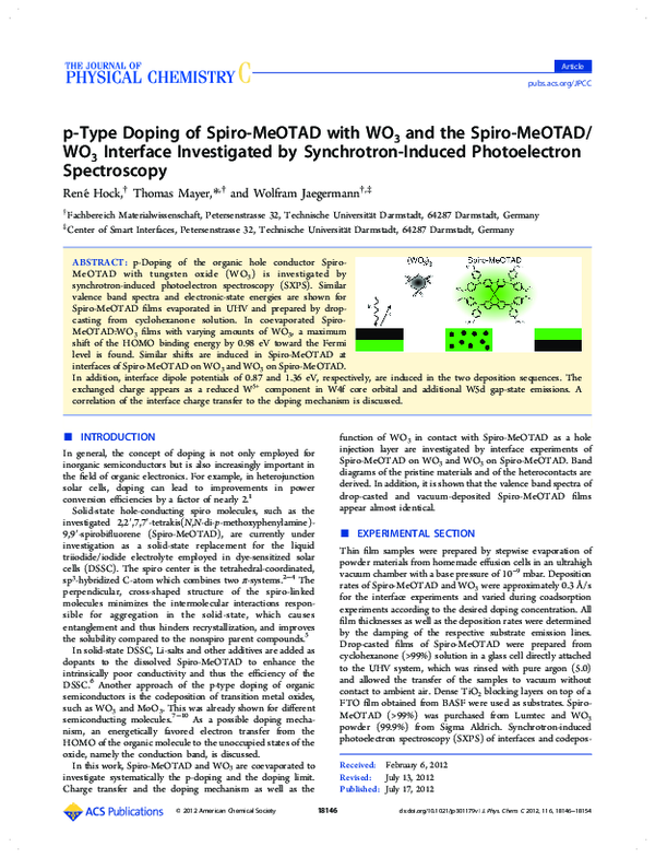 (PDF) p-Type Doping of Spiro-MeOTAD with WO3 and the Spiro-MeOTAD/WO3 ...