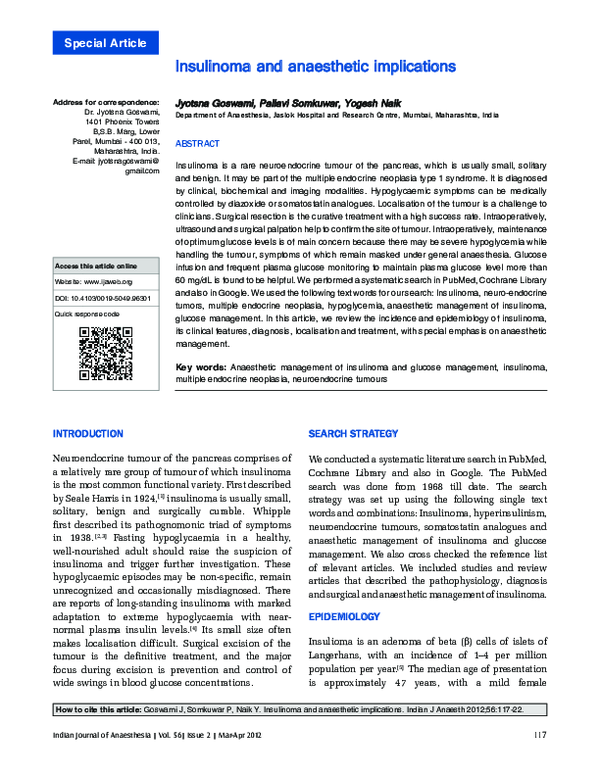 (PDF) Insulinoma and anaesthetic implications