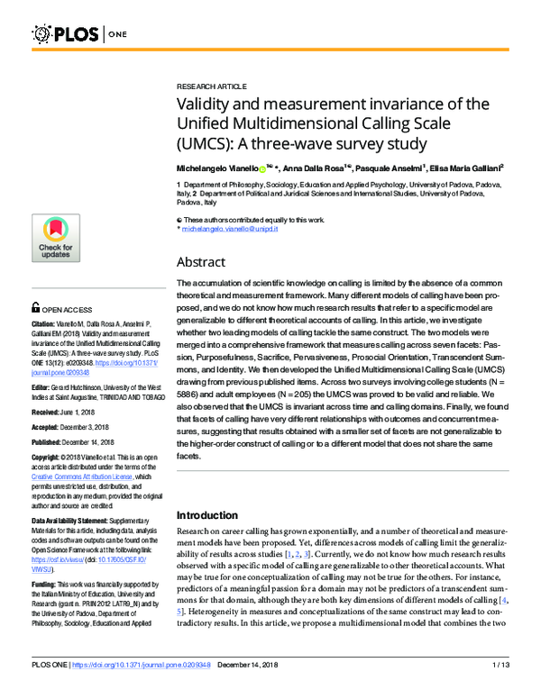 (PDF) Validity and measurement invariance of the Unified Multidimensional Calling Scale (UMCS ...