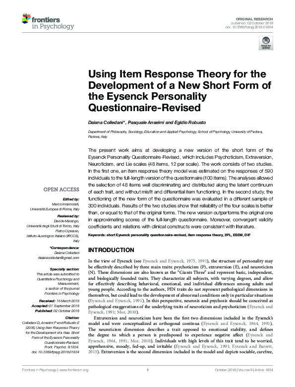 (PDF) Using Item Response Theory for the Development of a New Short Form of the Eysenck ...