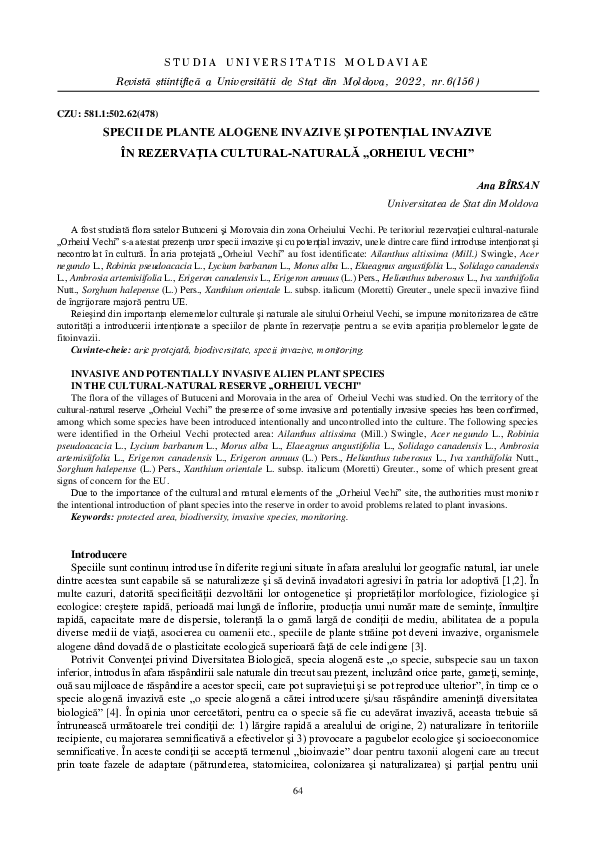 (PDF) Specii De Plante Alogene Invazive Şi Potenţial Invazive În Rezervaţia Cultural-Naturală ...