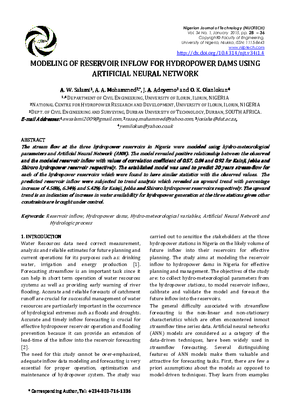 (PDF) Modeling of Reservoir Inflow for Hydropower Dams Using Artificial Neural Network