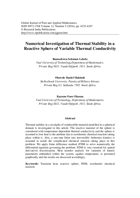 (PDF) Numerical Investigation of Thermal Stability in a Reactive Sphere ...