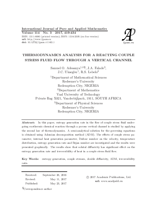 (PDF) Thermodynamics Analysis for a Reacting Couple Stress Fluid Flow Through a Vertical Channel