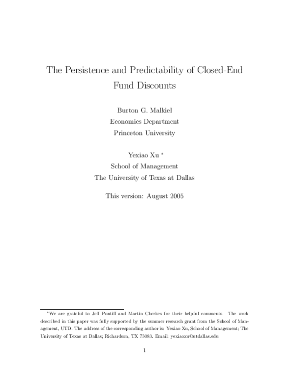 (PDF) The Persistence and Predictability of Closed-End Fund Discounts