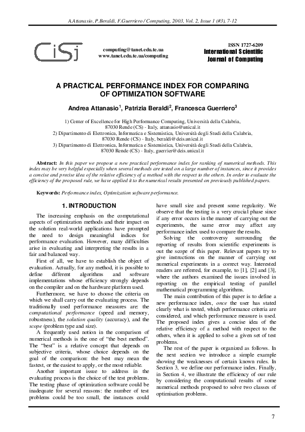 (PDF) A Practical Performance Index for Comparing of Optimization Software