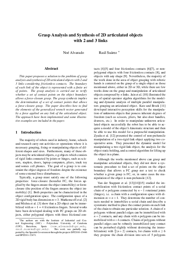 (PDF) Grasp analysis and synthesis of 2D articulated objects with 2 and 3 links