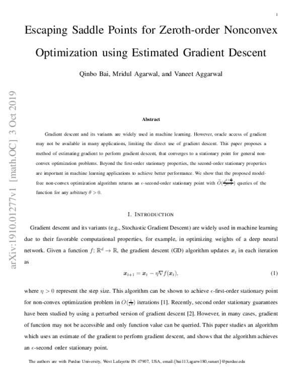 (PDF) Escaping Saddle Points for Zeroth-order Non-convex Optimization using Estimated Gradient ...