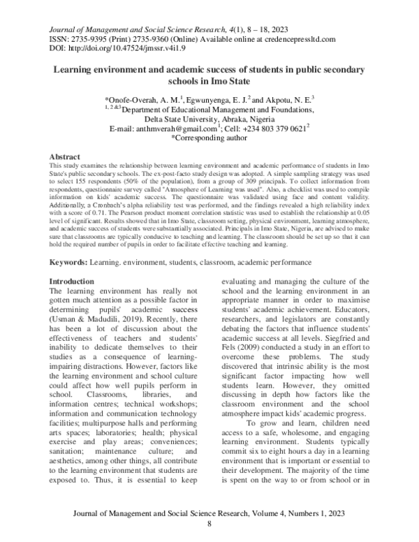 (PDF) Learning environment and academic success of students in public secondary schools in Imo State