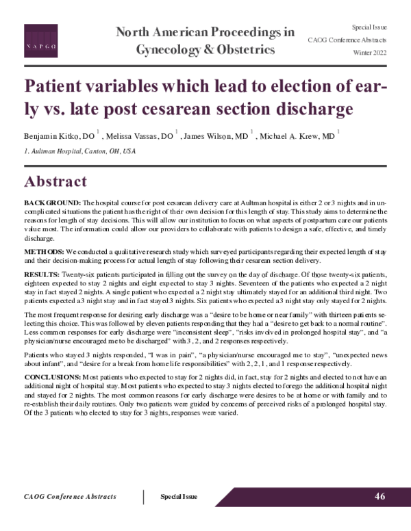 (PDF) Patient variables which lead to election of early vs. late post cesarean section discharge